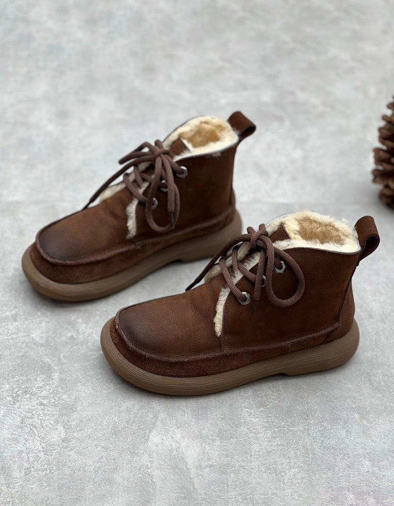 Winter Comfortable Soles Soft Leather Lace-up Boots With Fur — Obiono