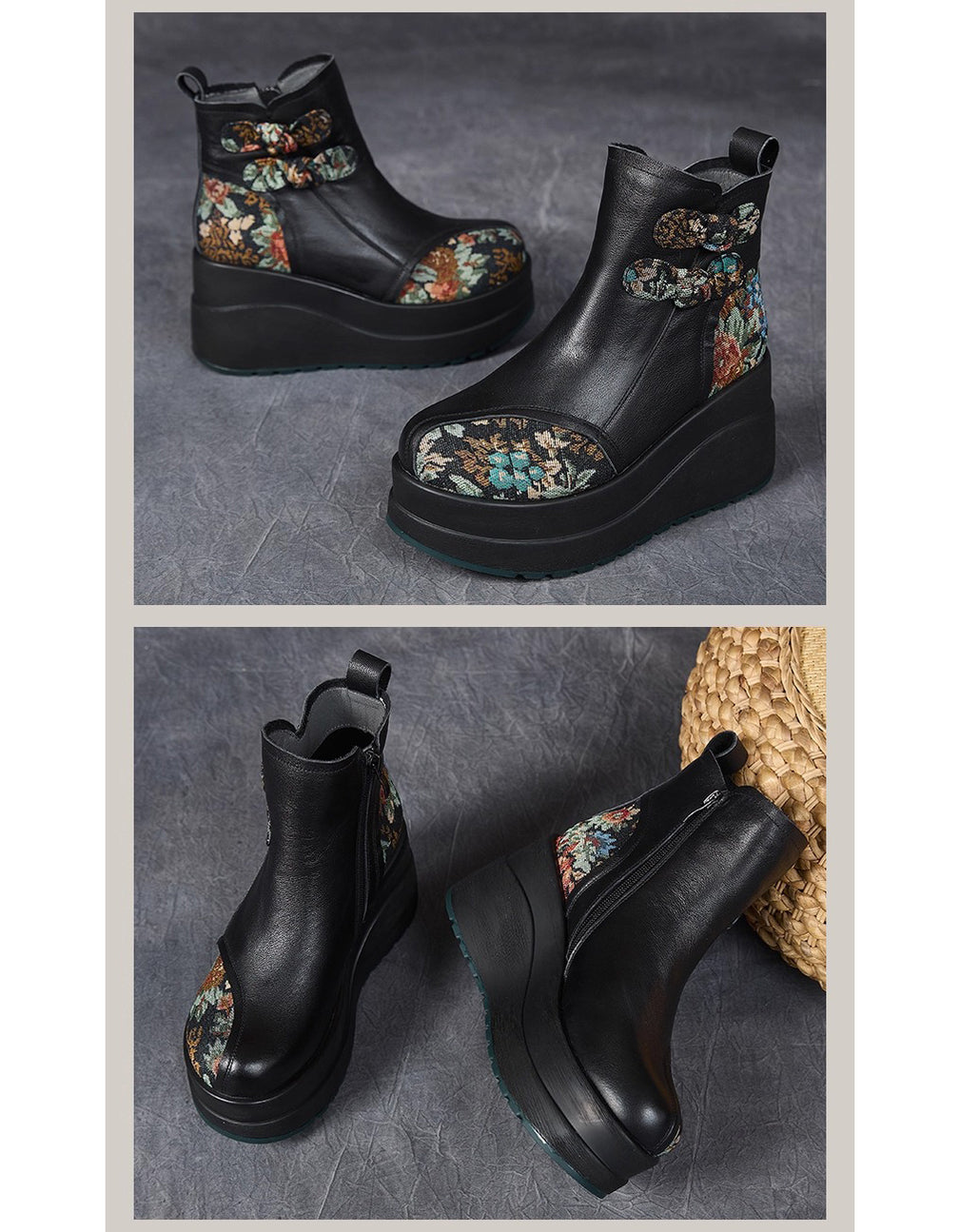 Winter Ethnic Style Leather Patchwork Platform Boots — Obiono