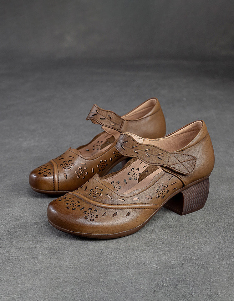 Ethnic Flower Hollow Elegant Chunky Heels Sandals — Obiono