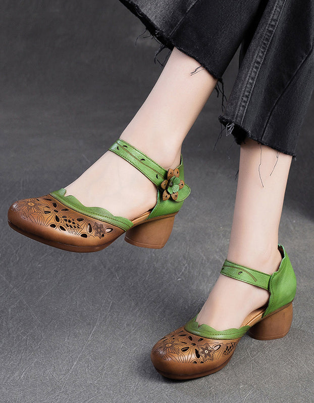 Leather Hand-Carved Flowers Hollow Chunky Heel Sandals — Obiono