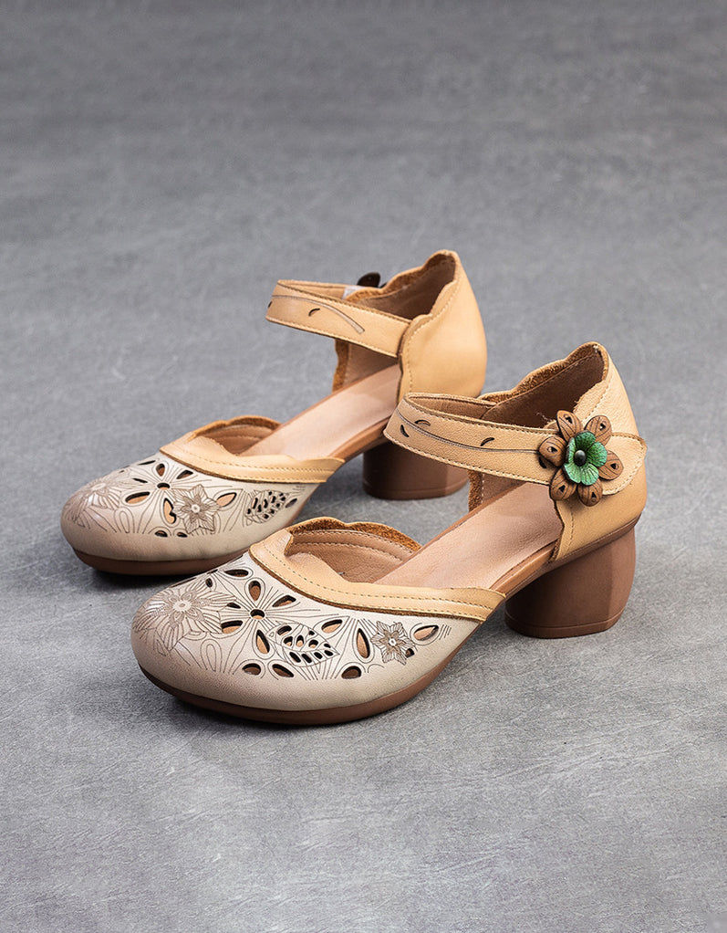 Leather Hand-Carved Flowers Hollow Chunky Heel Sandals — Obiono