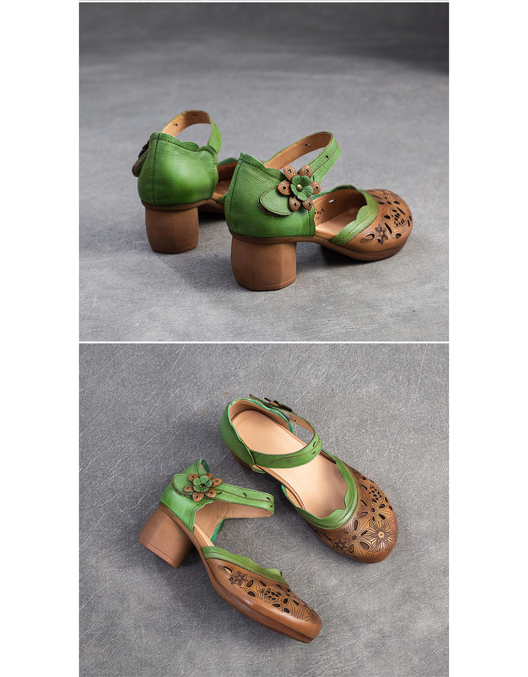 Leather Hand-Carved Flowers Hollow Chunky Heel Sandals — Obiono