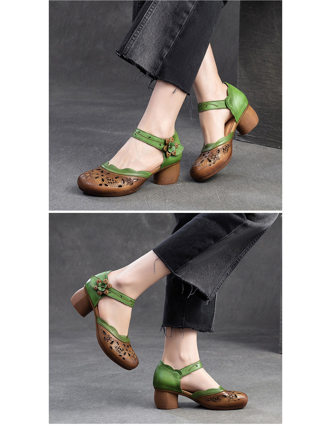 Leather Hand-Carved Flowers Hollow Chunky Heel Sandals — Obiono