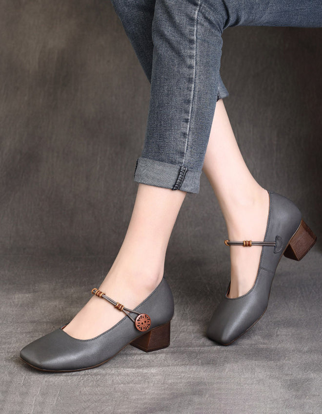 Handmade Square Toe Single Buckle Chunky Heel Pumps — Obiono