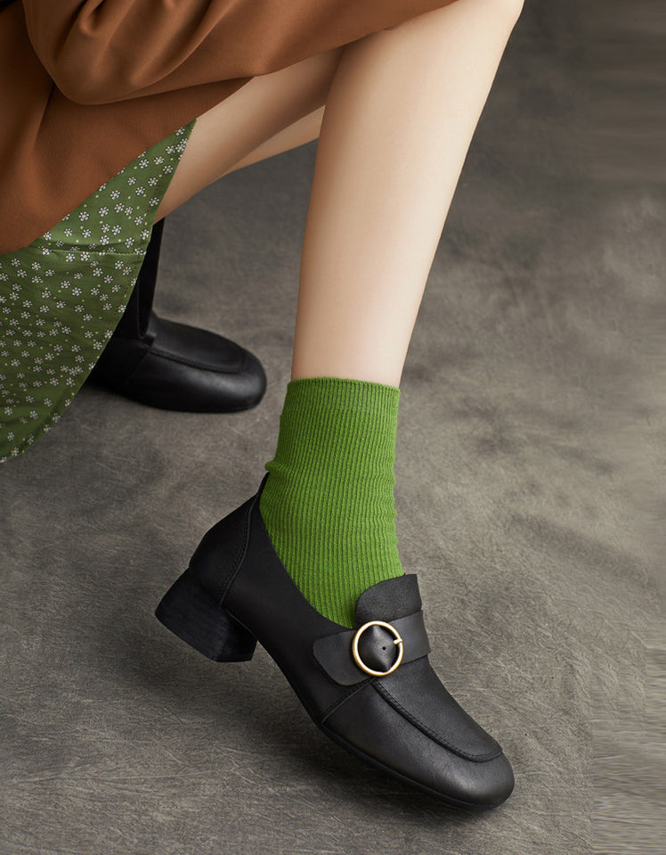 Spring Buckle Front Square Toe Chunky Heels — Obiono