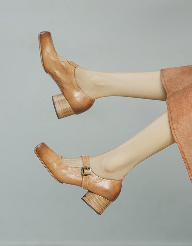 Real Leather Square Toe Single Strap Vintage Mary Janes Heels — Obiono