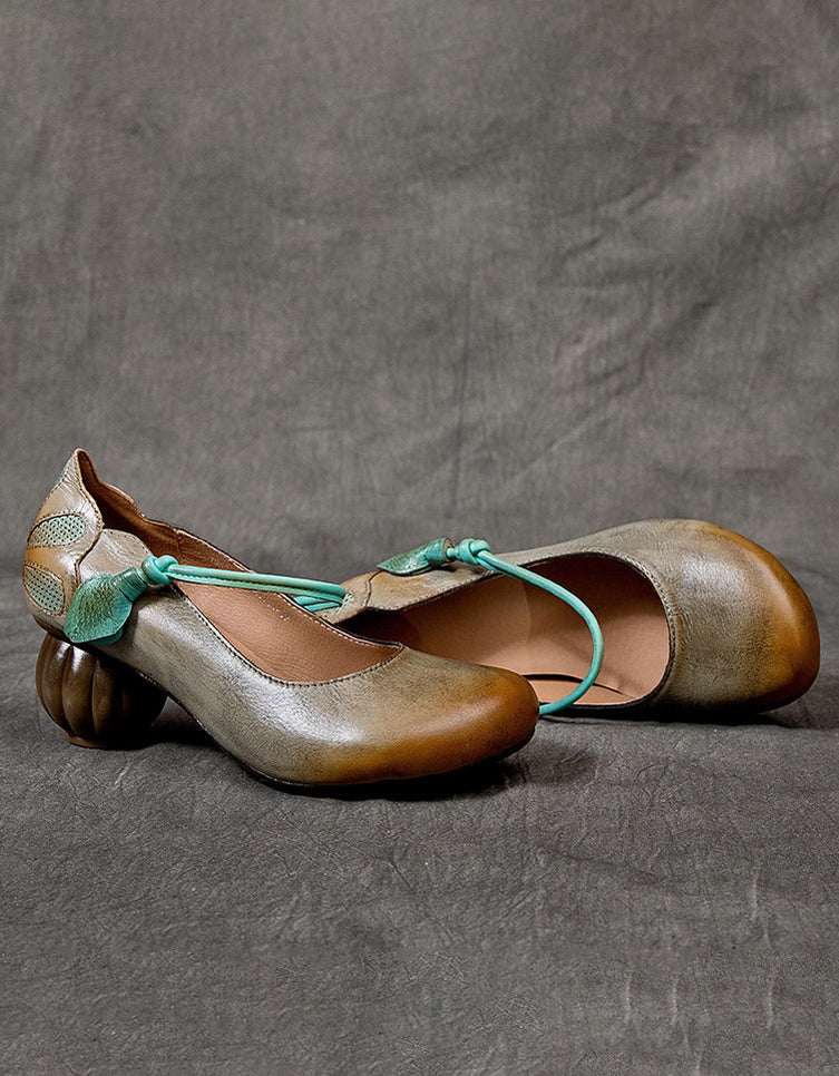 Real Leather Rouned Toe Handmade Retro Chunky Heels — Obiono