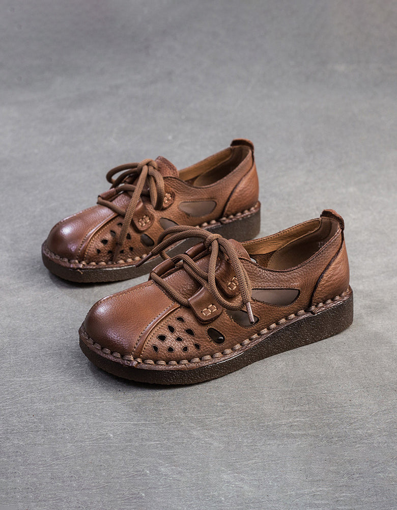 Comfortable Soft Leather Soles Cut-out Retro Flat Shoes — Obiono
