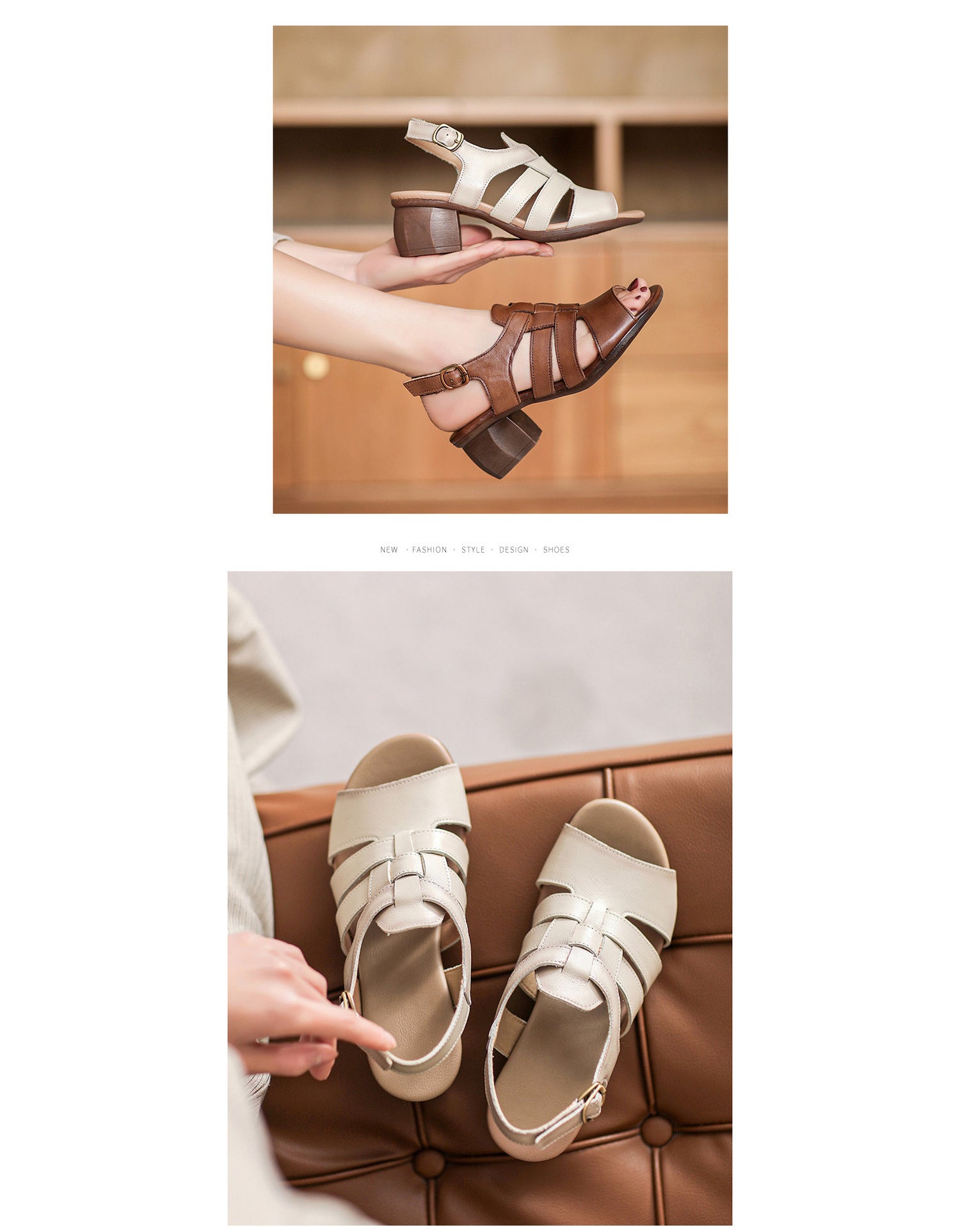 Retro Leather Open Toe Chunky Heels Sandals Slingback — Obiono