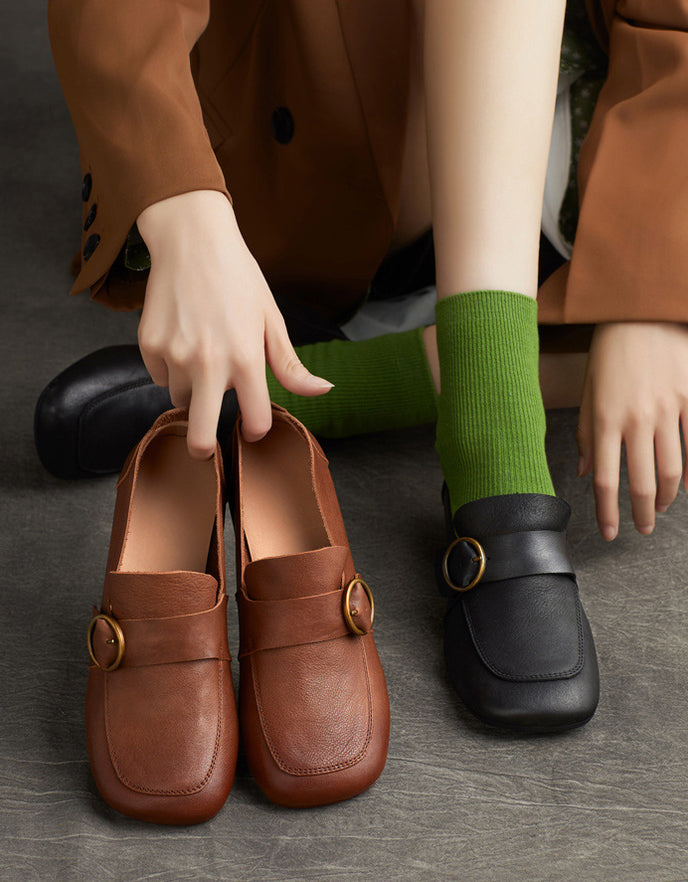 Spring Buckle Front Square Toe Chunky Heels — Obiono