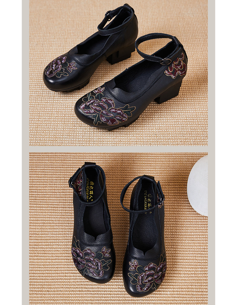 Ethnic Style Ankle Strap Embroidery Chunky Heels — Obiono