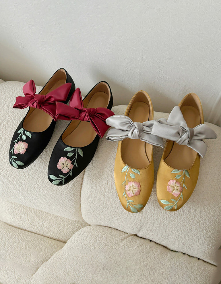 Vintage Bowknot Strap Satin Flower Embroidered Flats — Obiono