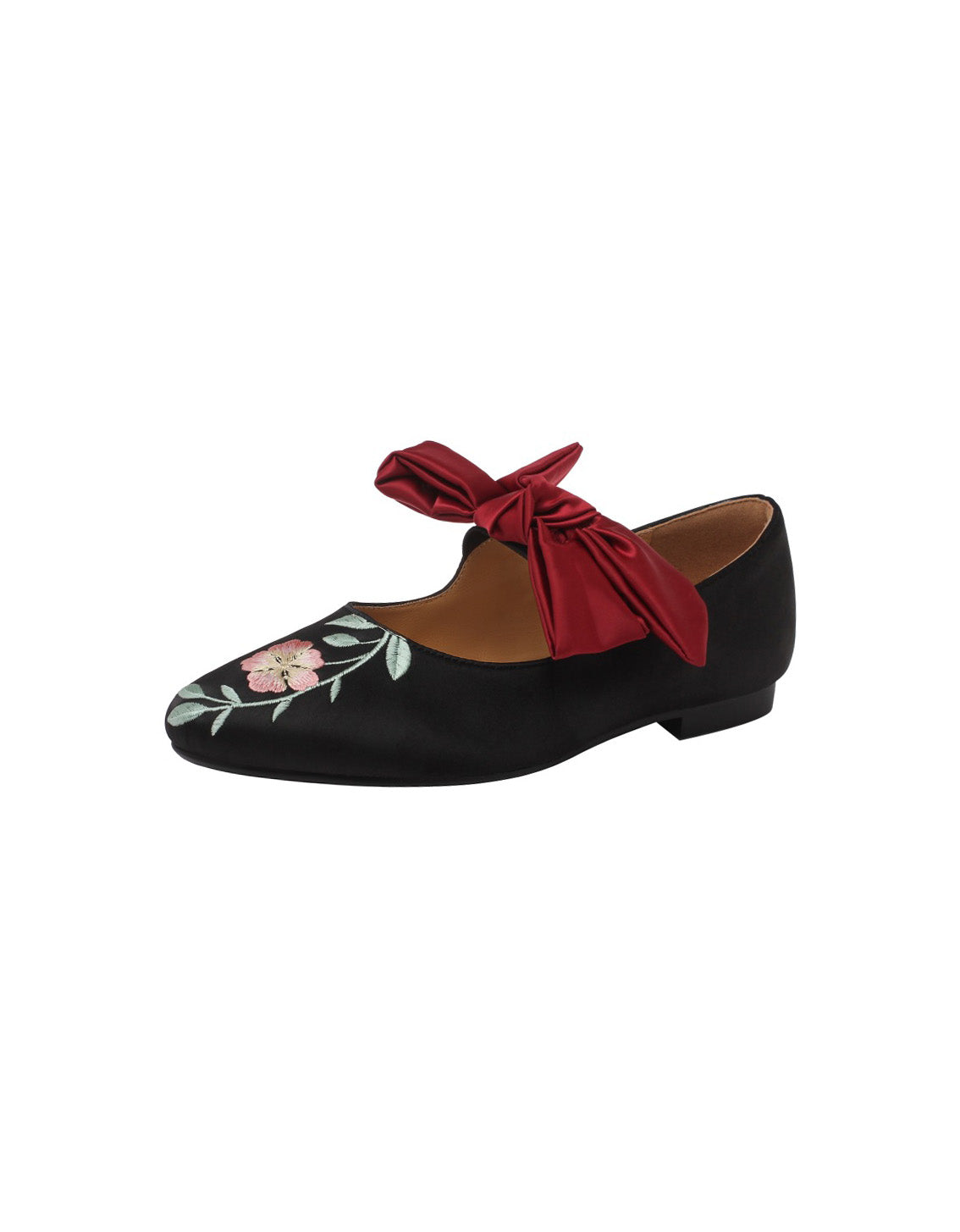 Vintage Bowknot Strap Satin Flower Embroidered Flats — Obiono