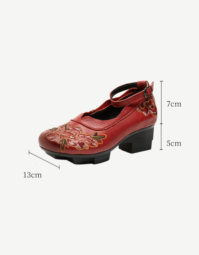 Ethnic Style Ankle Strap Embroidery Chunky Heels — Obiono