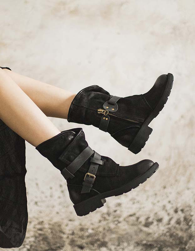 Retro Leather Mid-tube Motorcycle Belt Buckle Boots — Obiono