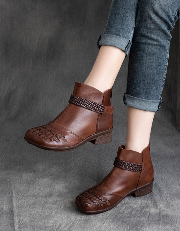 Autumn Handmade Woven Thick Heel Short Boots — Obiono