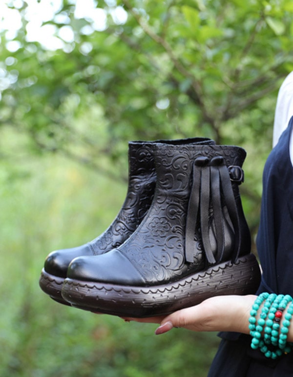 Embossing Handmade Leather Retro Ankle Wedge Boots — Obiono