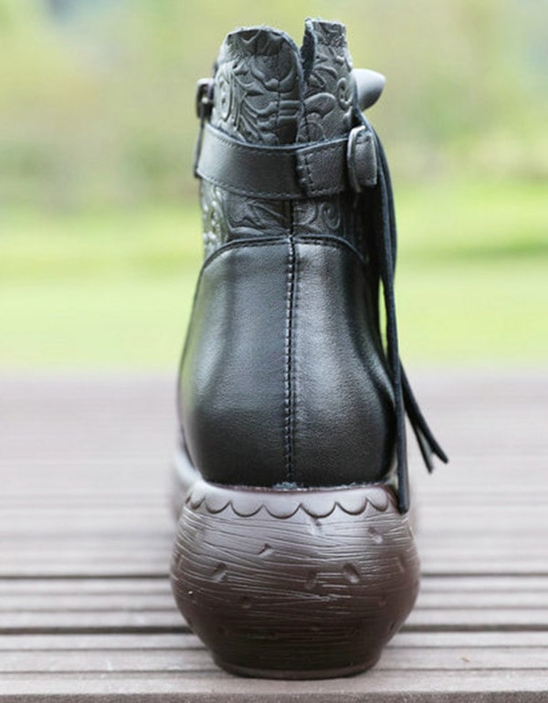 Embossing Handmade Leather Retro Ankle Wedge Boots — Obiono
