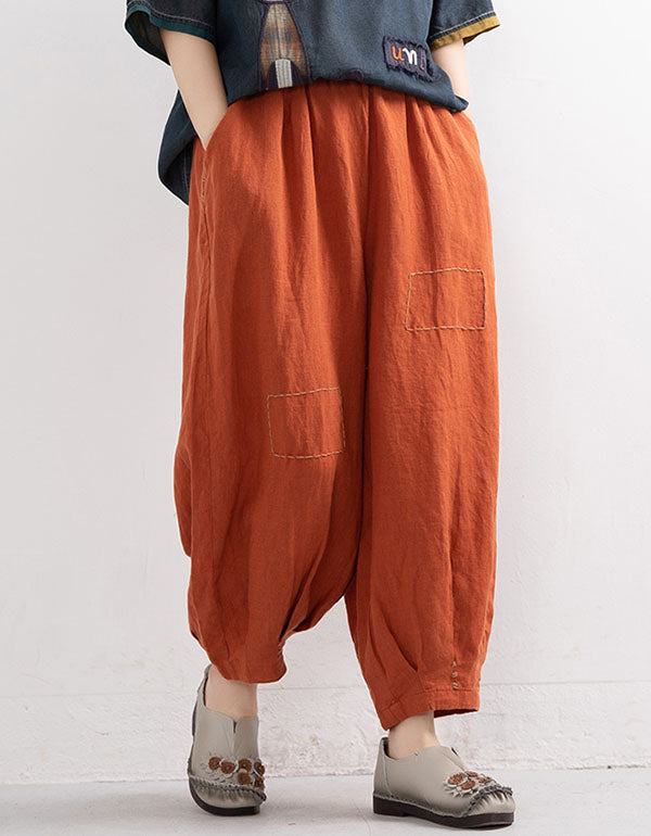 Embroidered Pure Linen Lantern Pants — Obiono