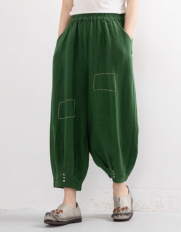 Embroidered Pure Linen Lantern Pants — Obiono