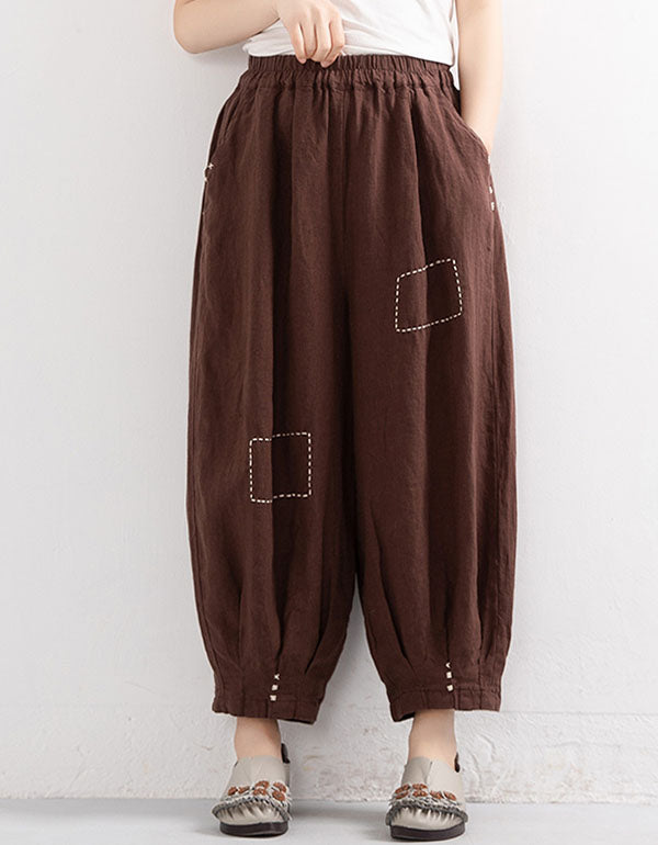 Embroidered Pure Linen Lantern Pants — Obiono