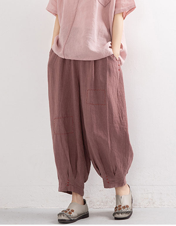 Embroidered Pure Linen Lantern Pants — Obiono