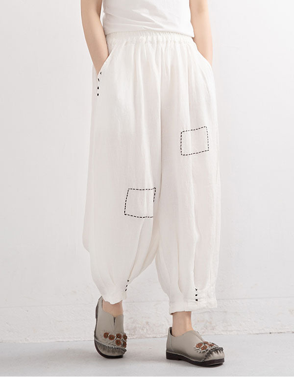 Embroidered Pure Linen Lantern Pants — Obiono