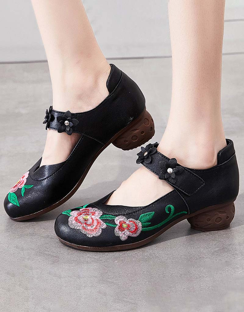 Ethnic Style Embroidery Flower Retro Chunky Sandals — Obiono