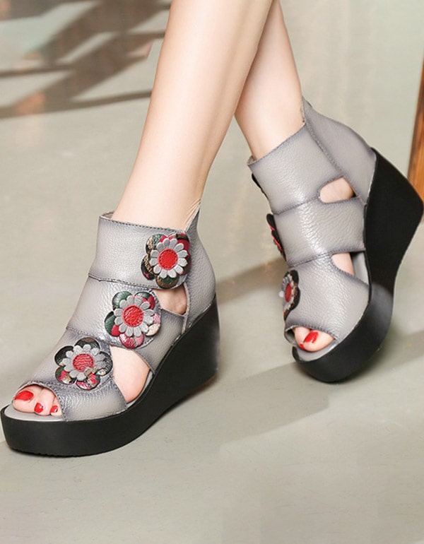 Ethnic Style Flower Fish Toe Wedge Sandals — Obiono