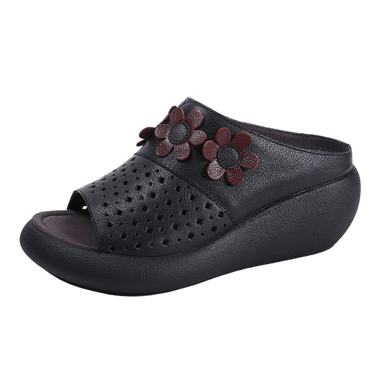Women's Retro Leather Flower Wedge Slides — Obiono