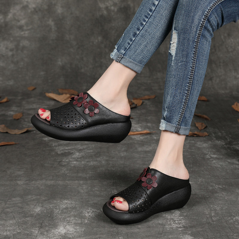 Women's Retro Leather Flower Wedge Slides — Obiono