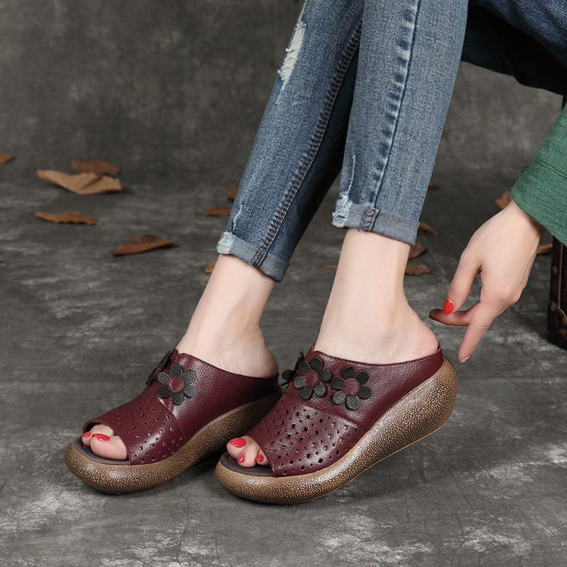 Women's Retro Leather Flower Wedge Slides — Obiono