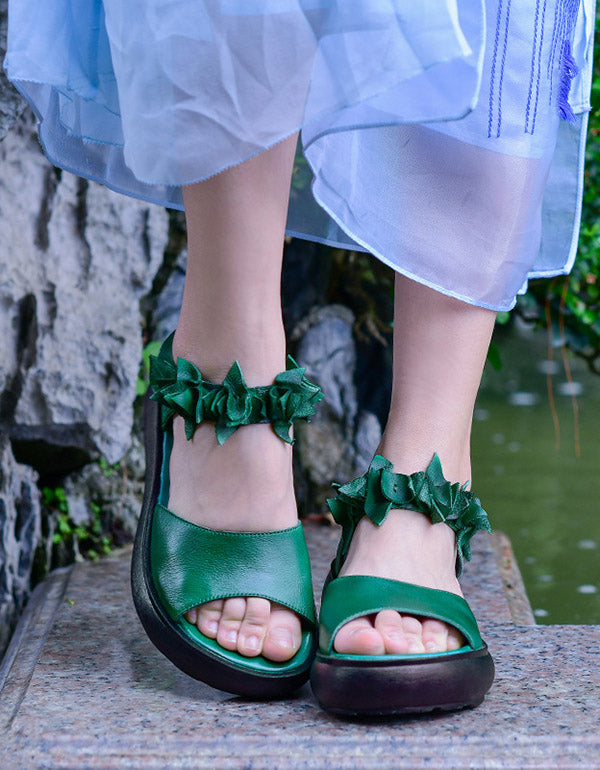 Genuine Leather Fish Toe Green Sandals — Obiono