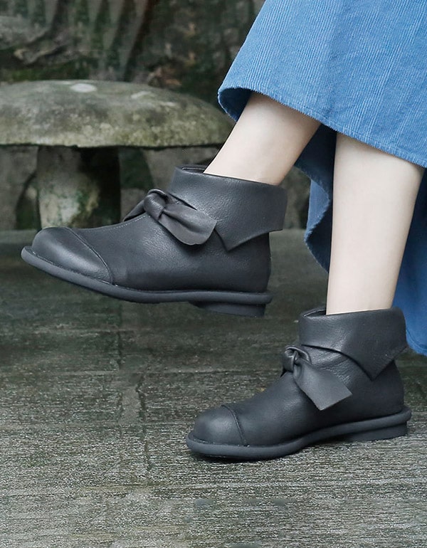 Hand-stitched Leather Bow-knot Comfort Flat Ankle Boots — Obiono