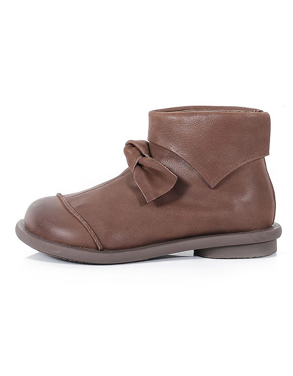 Hand-stitched Leather Bow-knot Comfort Flat Ankle Boots — Obiono