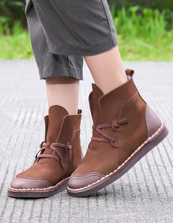 Hand-stitched Retro Leather Lac-up Short Boots — Obiono