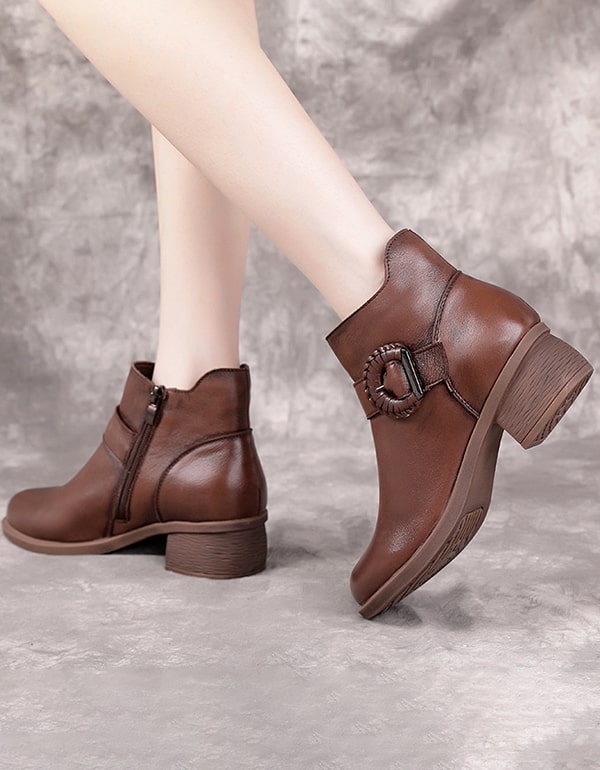 Handmade Buckle Chunky Heel Retro Short Boots — Obiono