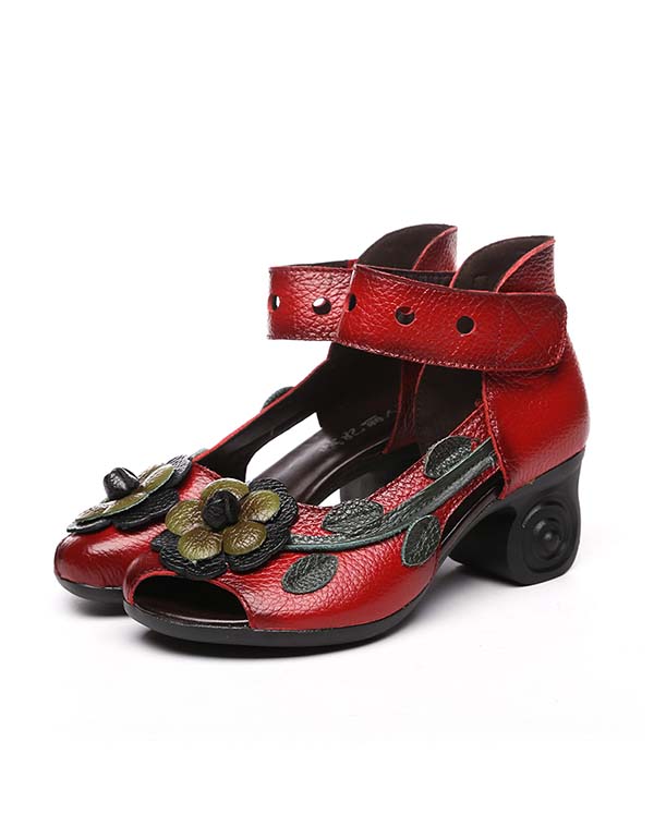 Ethnic Style Flowers Chunky Heel Sandals — Obiono