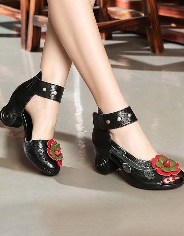 Ethnic Style Flowers Chunky Heel Sandals — Obiono