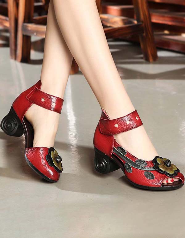 Ethnic Style Flowers Chunky Heel Sandals — Obiono