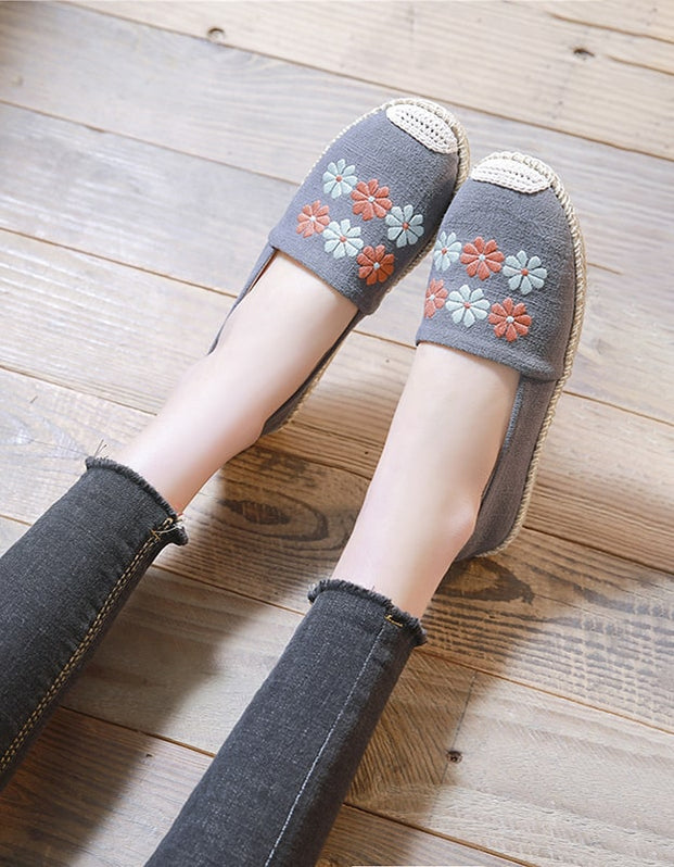Handmade Linen-Embroidered Simple Flat Shoes — Obiono