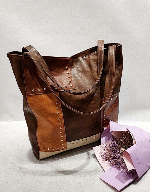 Handmade Rivets Leather Stitching Large Shoulder Bag — Obiono