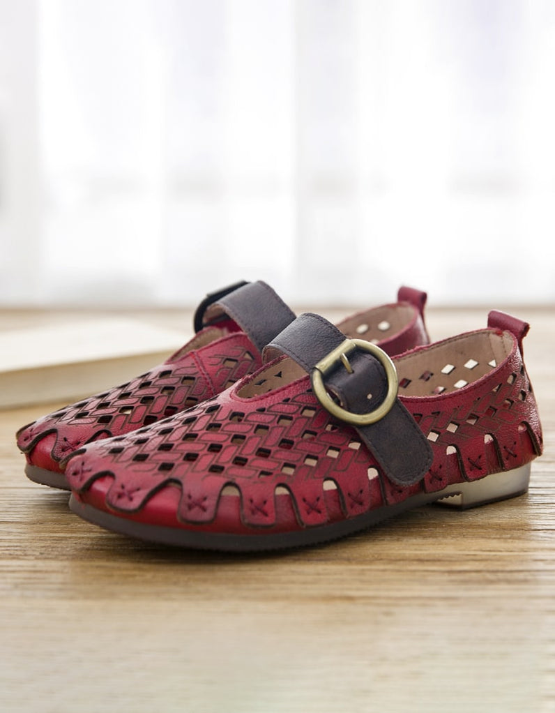Leather Handmade Hollow Summer Red Shoes — Obiono
