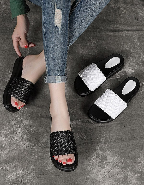 Retro Leather Woven Non-slip Beach Slippers — Obiono