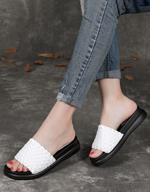 Retro Leather Woven Non-slip Beach Slippers — Obiono