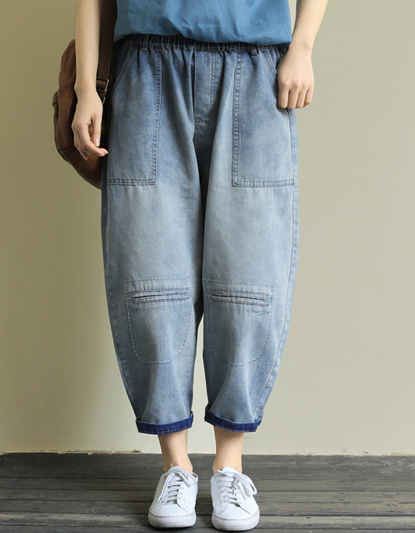 Loose Nine-Point Patch Pocket Washed Denim Pants — Obiono
