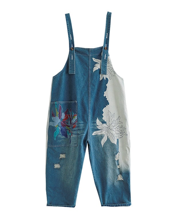 Summer Denim Overalls Retro Printed Jumpsuit — Obiono