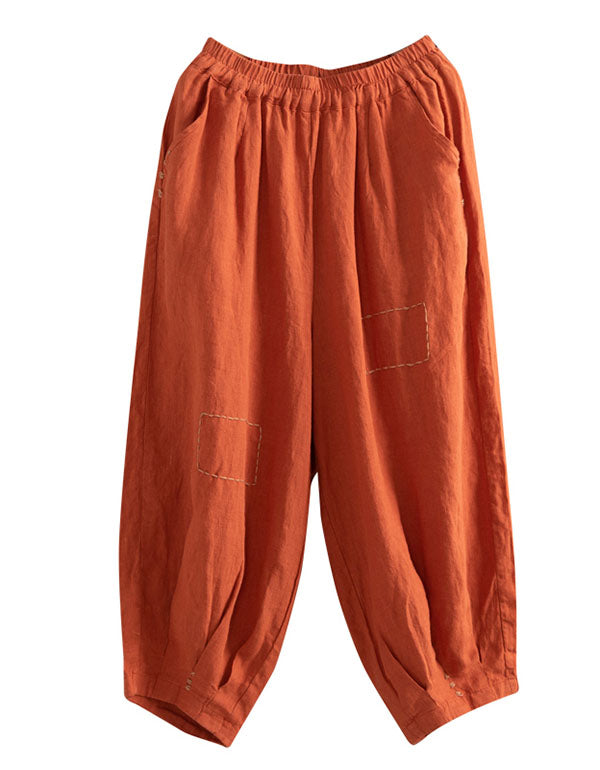 Embroidered Pure Linen Lantern Pants — Obiono
