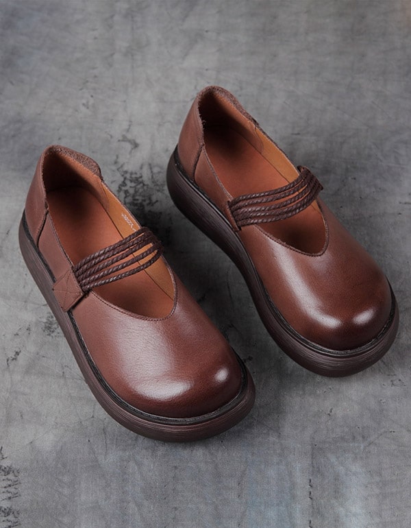 Retro Leather Handmade Round Head Wedge Shoes — Obiono