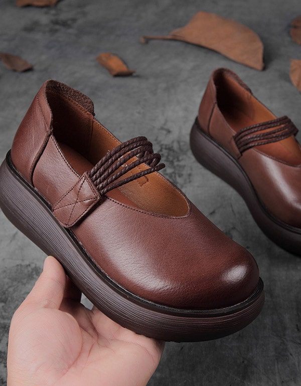 Retro Leather Handmade Round Head Wedge Shoes — Obiono